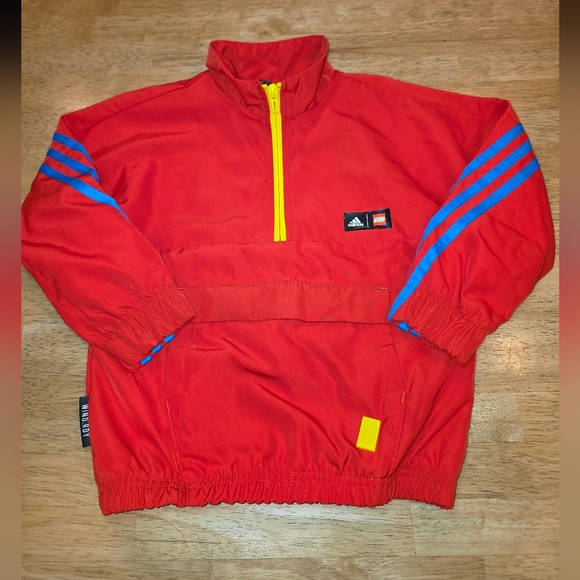 adidas | Jackets & Coats | Adidas Red Lego Jacket With Blue Accents ...